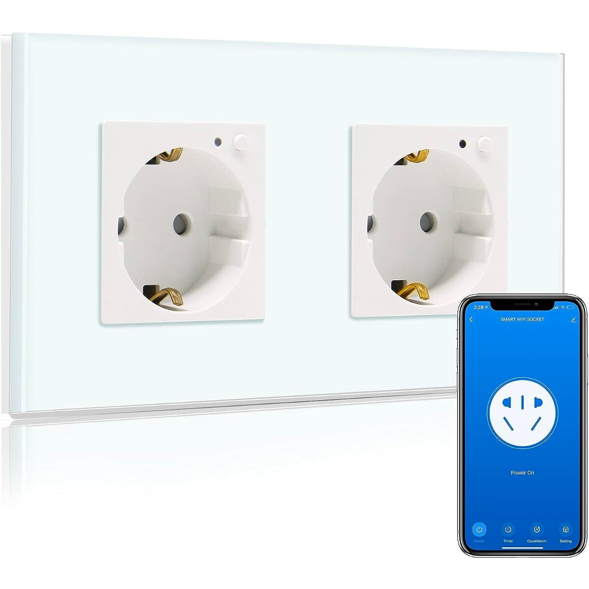Priza inteligenta de perete, Wi-Fi, Dubla, Rama din sticla ...