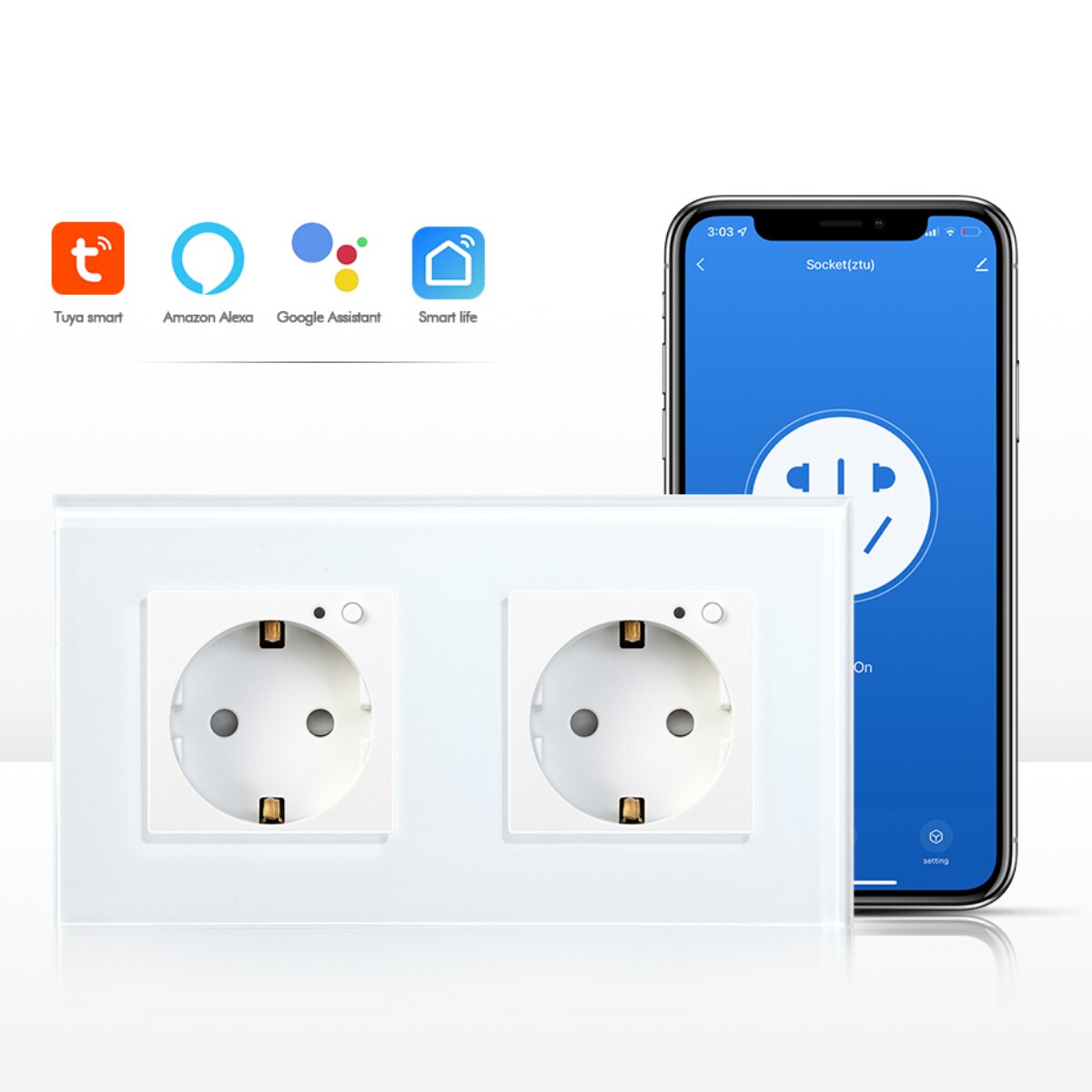 Priza inteligenta de perete, Wi-Fi, Dubla, Rama din sticla ...
