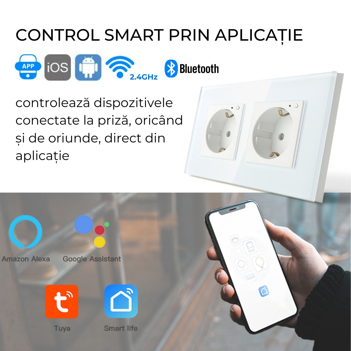 Priza inteligenta de perete, Wi-Fi, Dubla, Rama din sticla ...