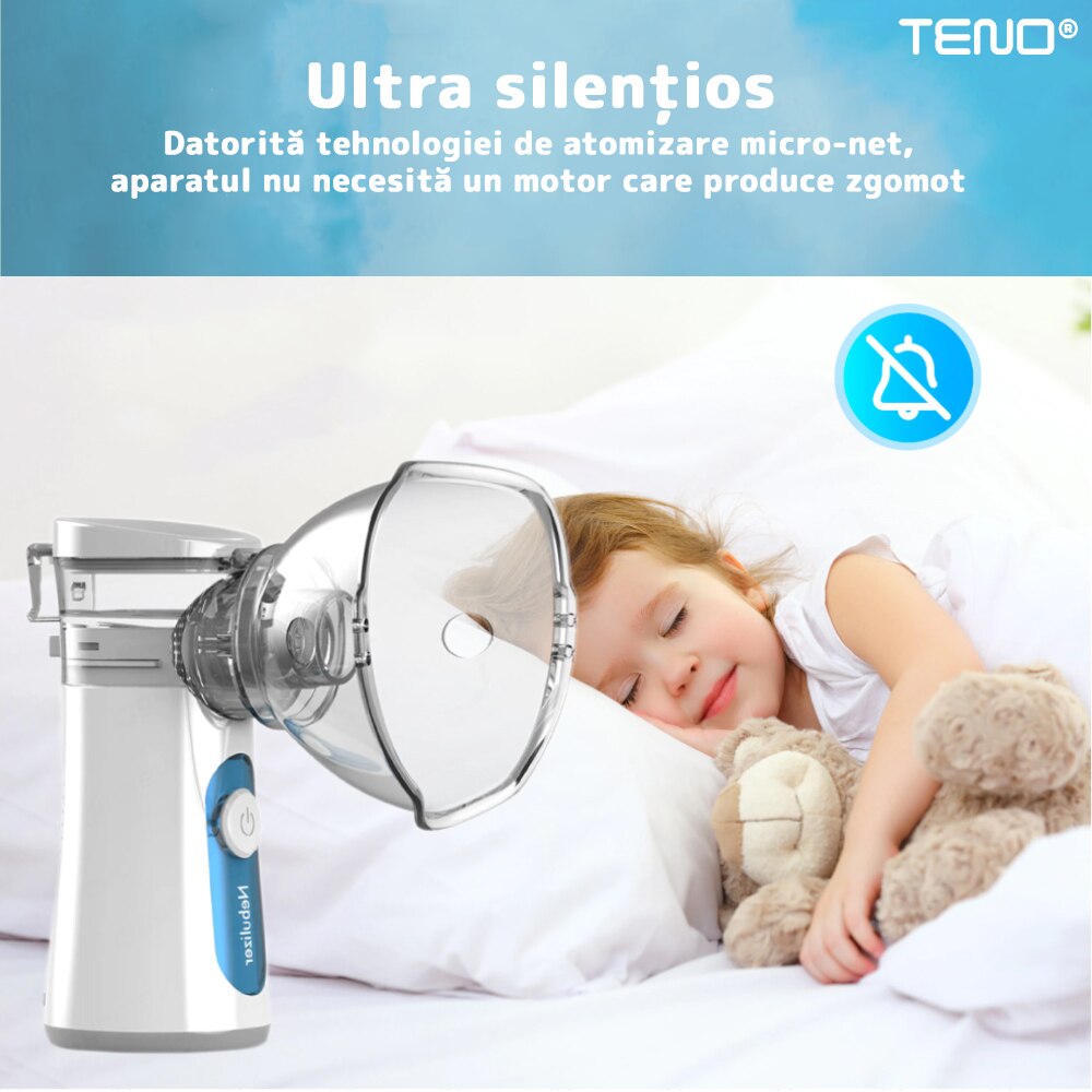 Aparat Aerosoli Teno®, portabil ultrasonic, accesorii incluse, silentios, tehnologie mesh, 0.4ml ...