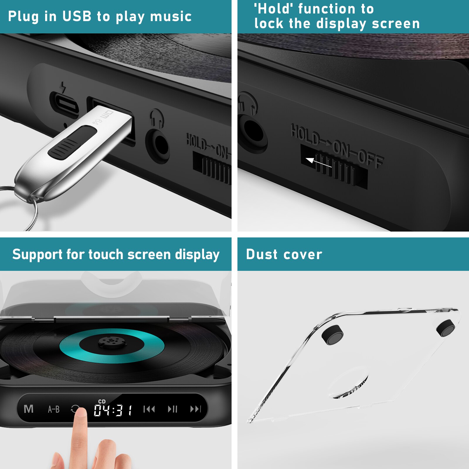 CD Player, Ecran LCD, Portabil, 1200mAh, ABS, 135x135x25mm, Negru - eMAG.ro