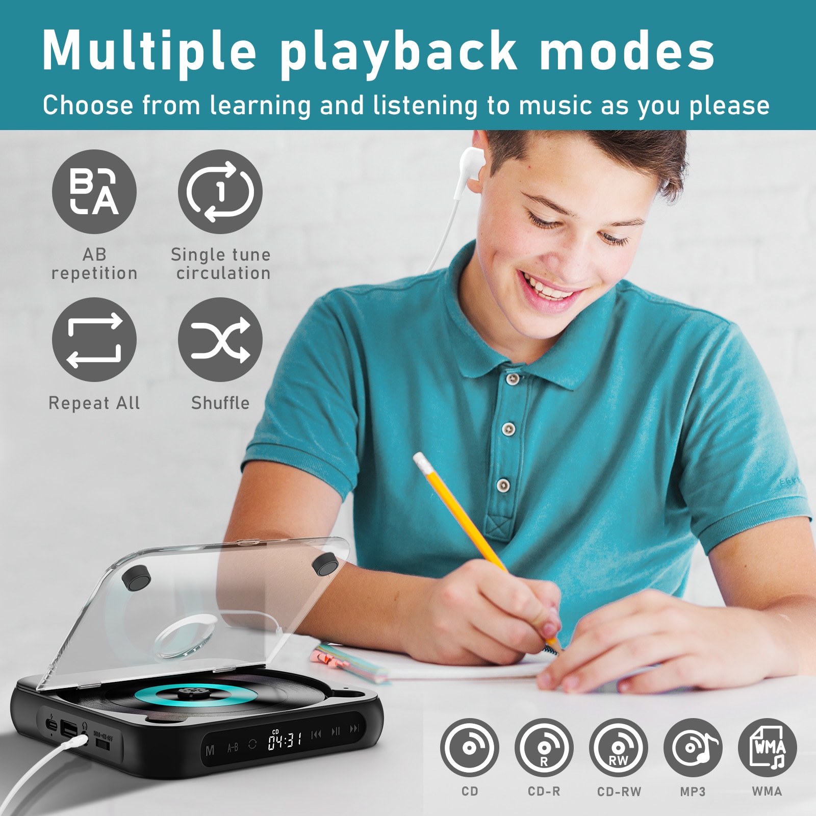 CD Player, Ecran LCD, Portabil, 1200mAh, ABS, 135x135x25mm, Negru - eMAG.ro