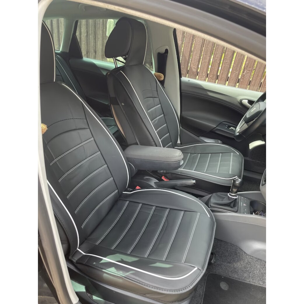 Set Huse Auto Fata Spate Universale Linii, Piele eco, Negru cusaturi ...