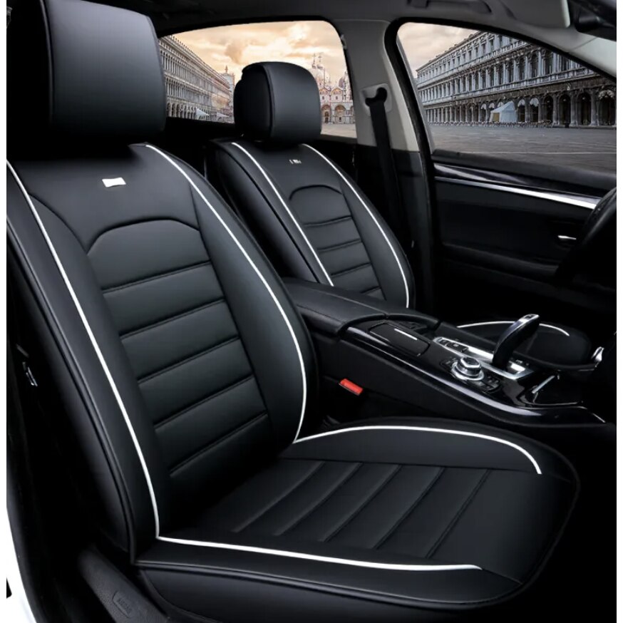 Set Huse Auto Fata Spate Universale Linii, Piele eco, Negru cusaturi ...