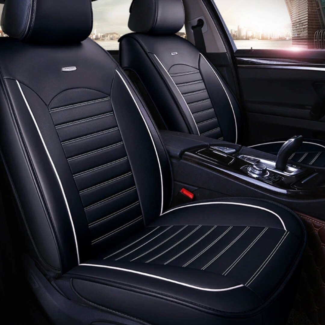 Set Huse Auto Fata Spate Universale Linii, Piele eco, Negru cusaturi ...