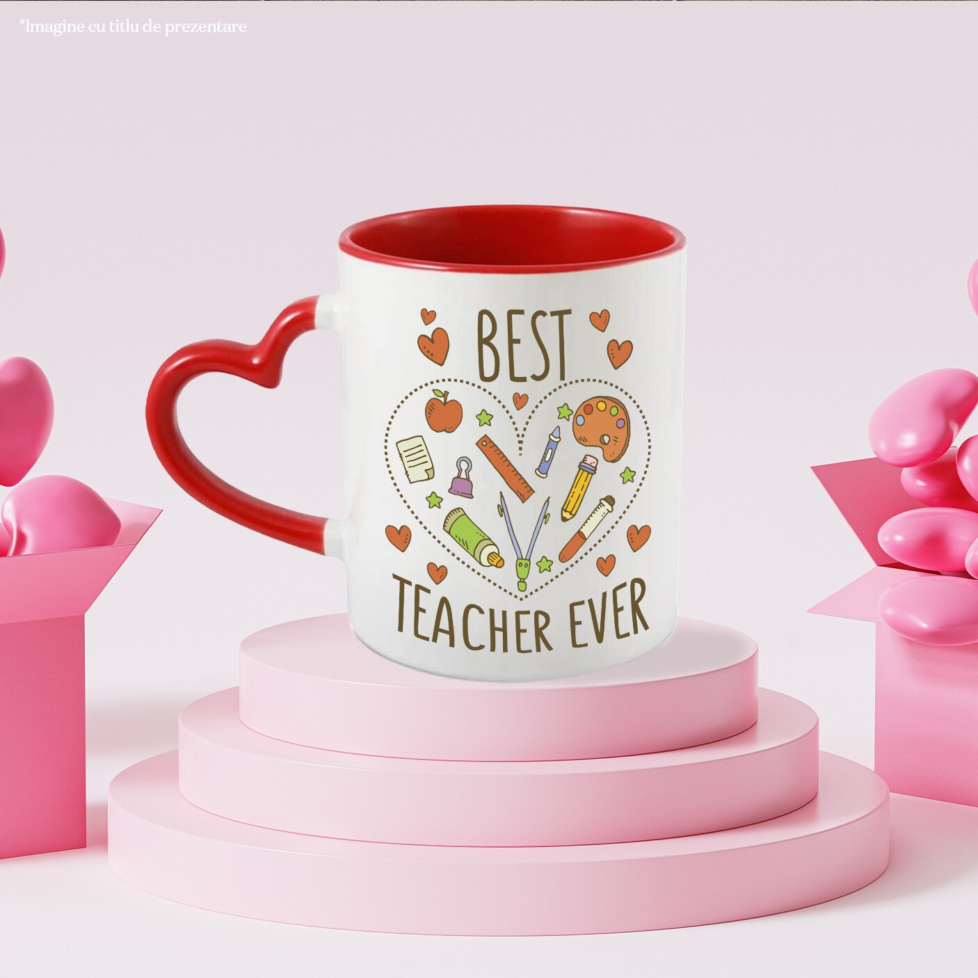 Cana Cu Mesajul Bst Teacher Ever, Inima Cu Rechizite Scolare, Text In ...