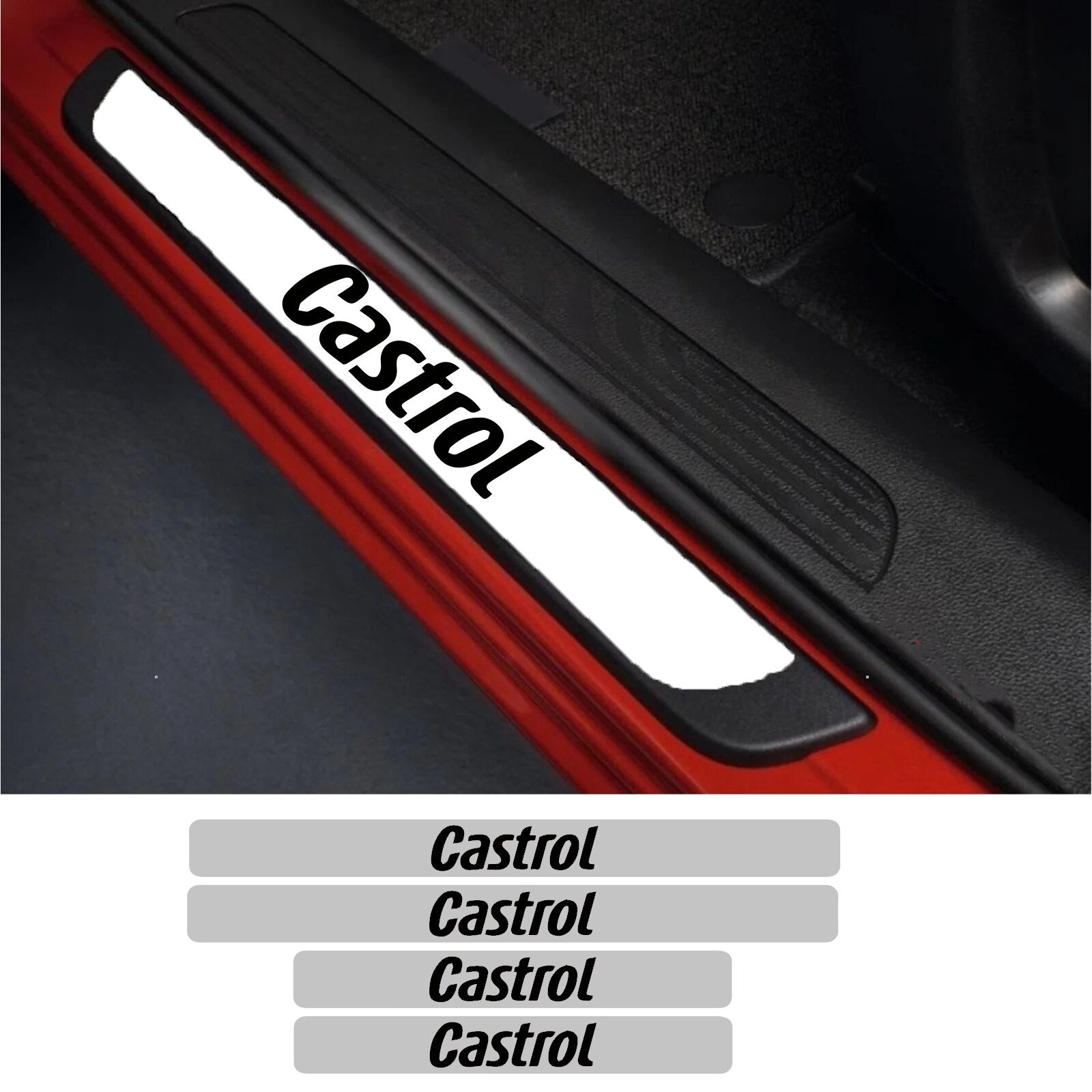 Set 4 protectii praguri auto autoadezive Castrol, Negru si breloc ...