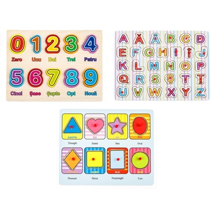 3 x Puzzle Din Lemn Montessori Cifre Alfabetul Forme Culori Si Cuvinte ...