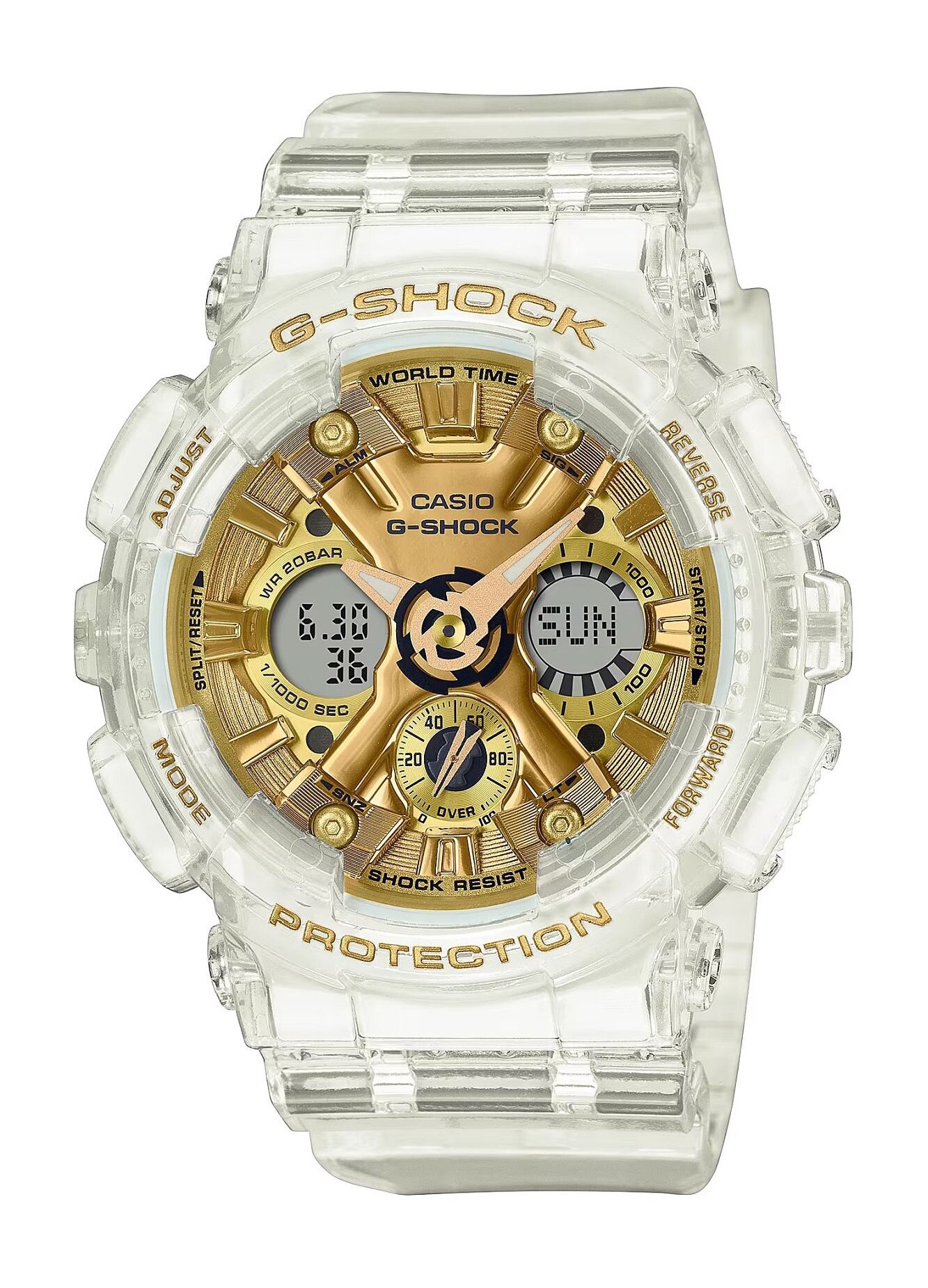 Ceas Dama/Barbat, G-SHOCK, 20 ATM, Transparent/Auriu - eMAG.ro