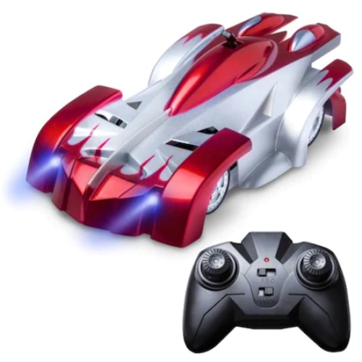 Masina cu telecomanda care merge pe pereti, cu lumini, 16 cm, gri-rosu ...