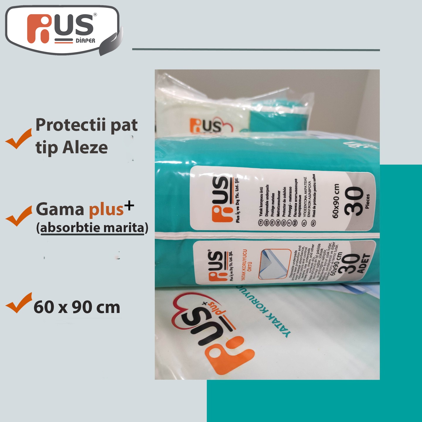 Aleze/protectii pat PiUS, 60x30 cm, gama Plus+, absorbante, igienice ...