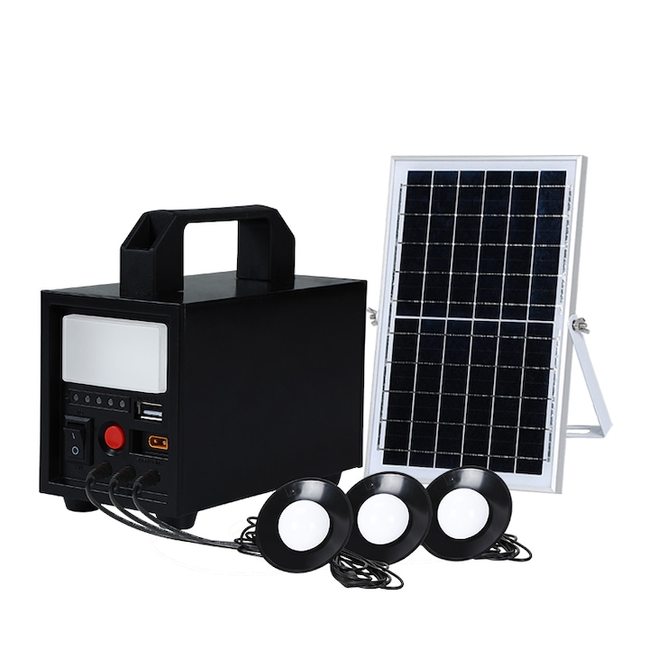 Kit sistem solar 20W cu Lanterna si iesire USB, 3 x Bec LED si Panou ...