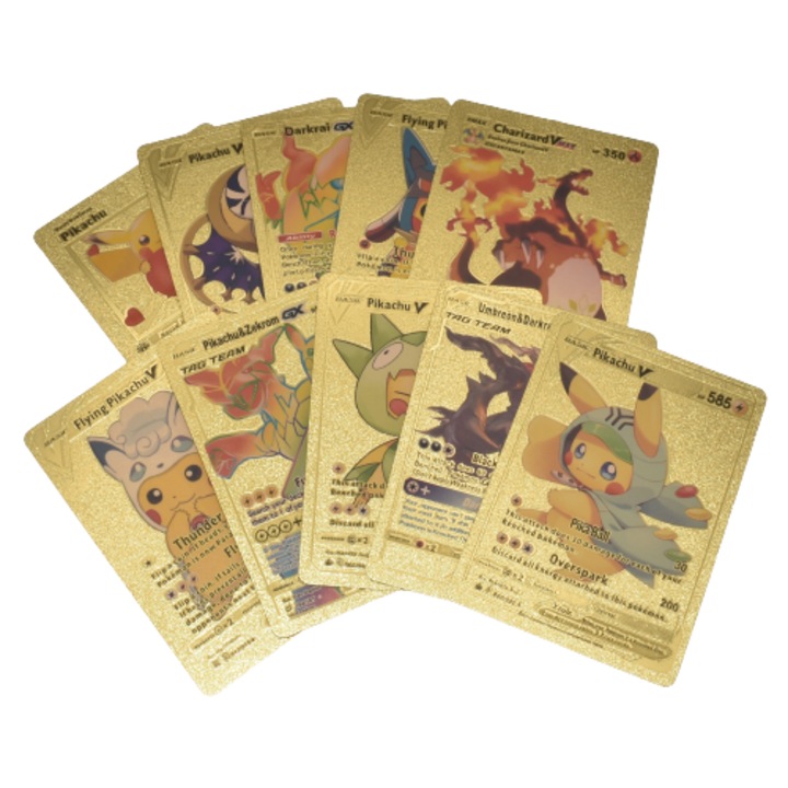 Plic 10 carti de colectie pokemon Gold, stone®, Fire Ball basic, Vmax ...