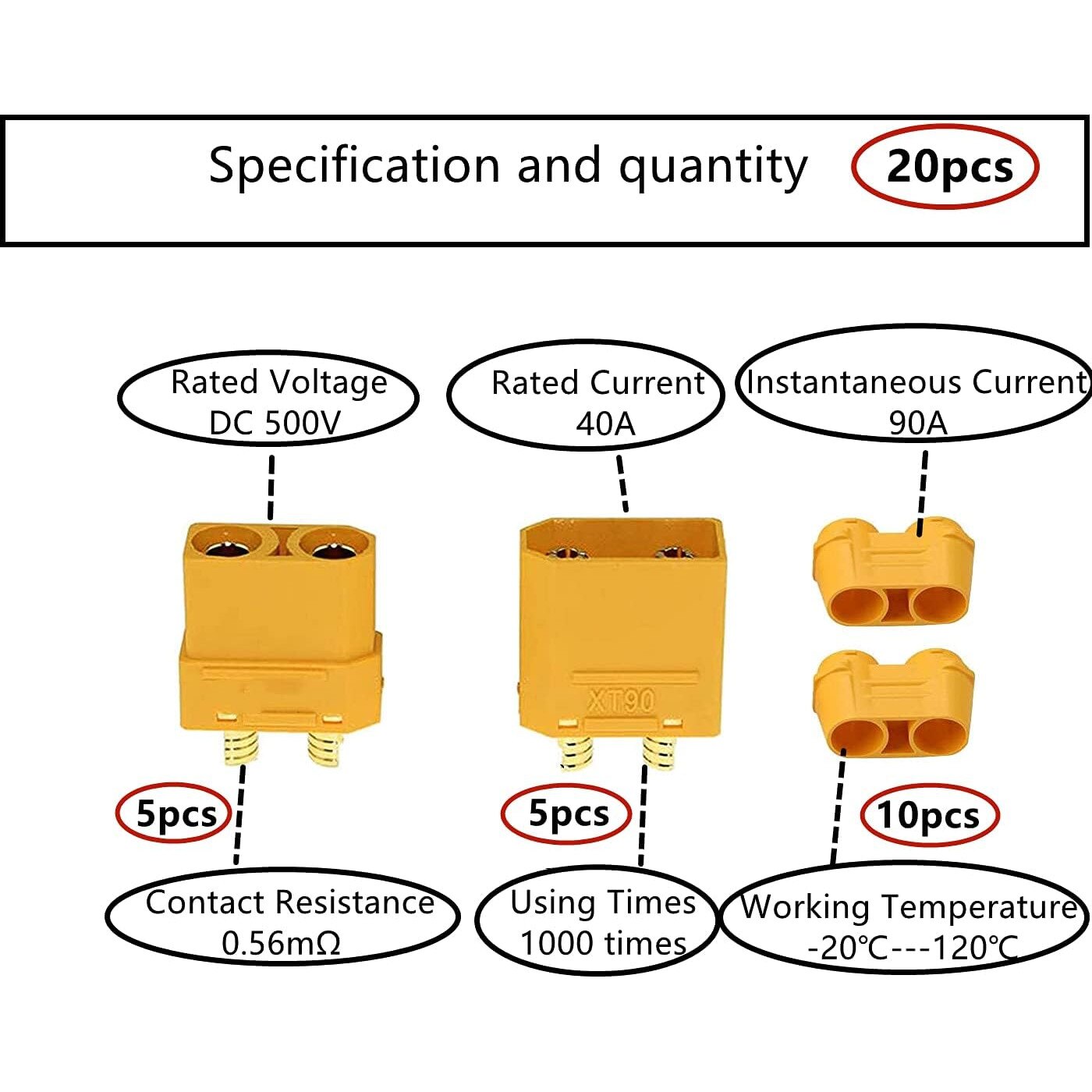 Set 20 conectori XT90, Plastic/Cupru, 90 A, 120 A, 10 AWG, 4.5 mm, Galben - eMAG.ro