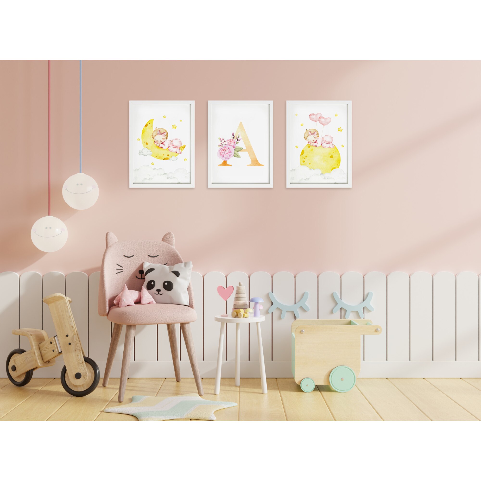 Set 3 tablouri decorative cu luna pentru camera copiilor, initiala A ...