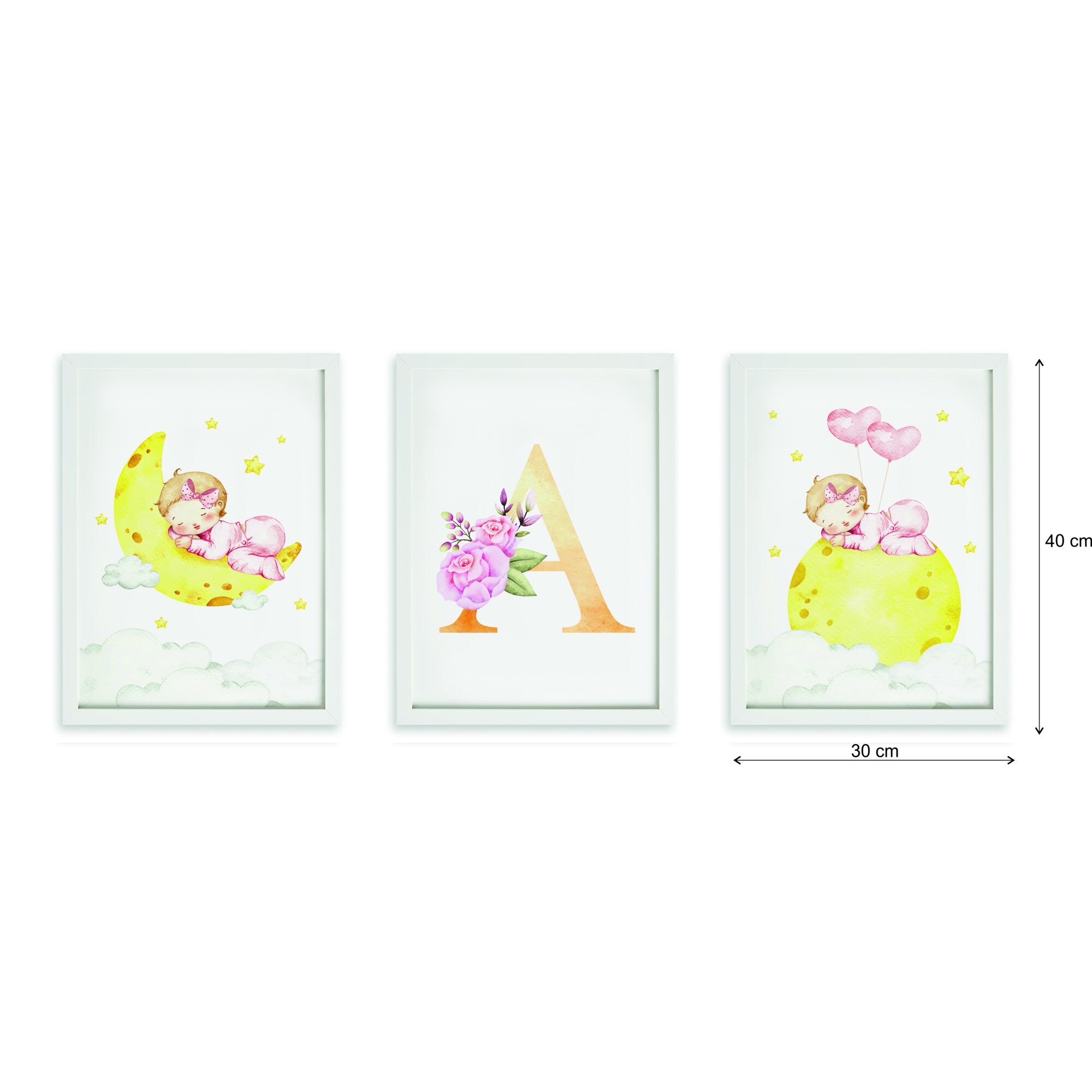 Set 3 tablouri decorative cu luna pentru camera copiilor, initiala A ...