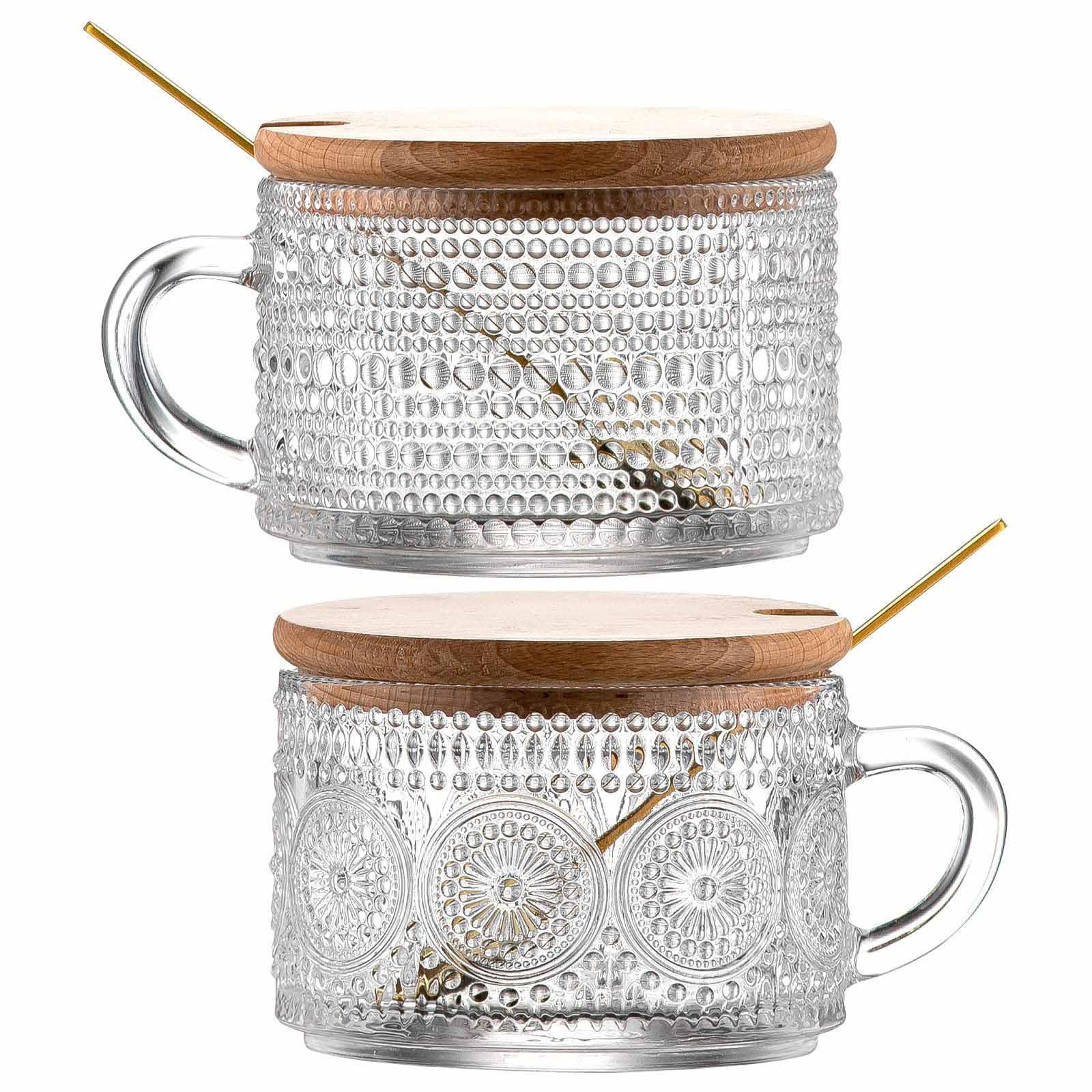 Set 2 cani vintage, Amtok, Sticla/Bambus, 301-400ml, Transparent/Lemn ...