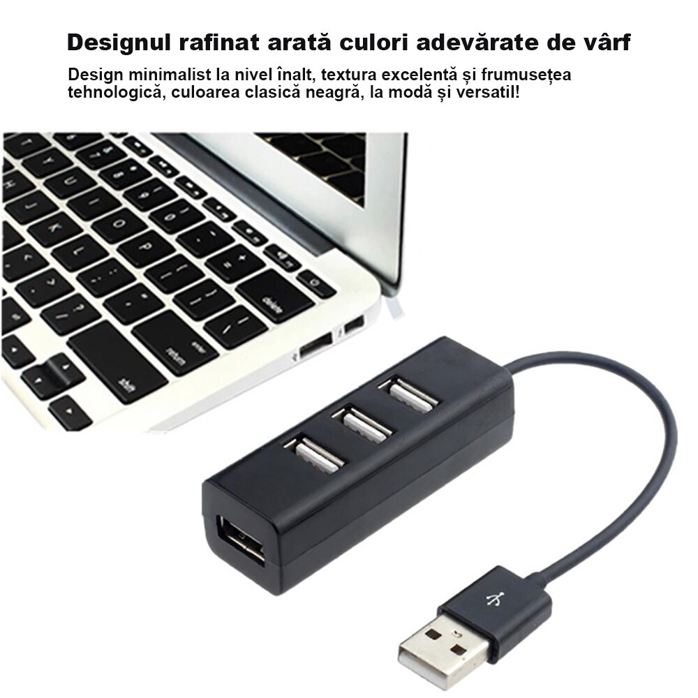 Hub USB, Vaxiuja, 4 porturi, Compatibil cu Macbook/Laptop/PC, Negru ...