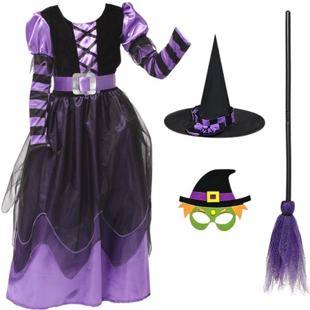Costum de vrajitoare pentru fetite, cu palarie conica, matura, masca ...