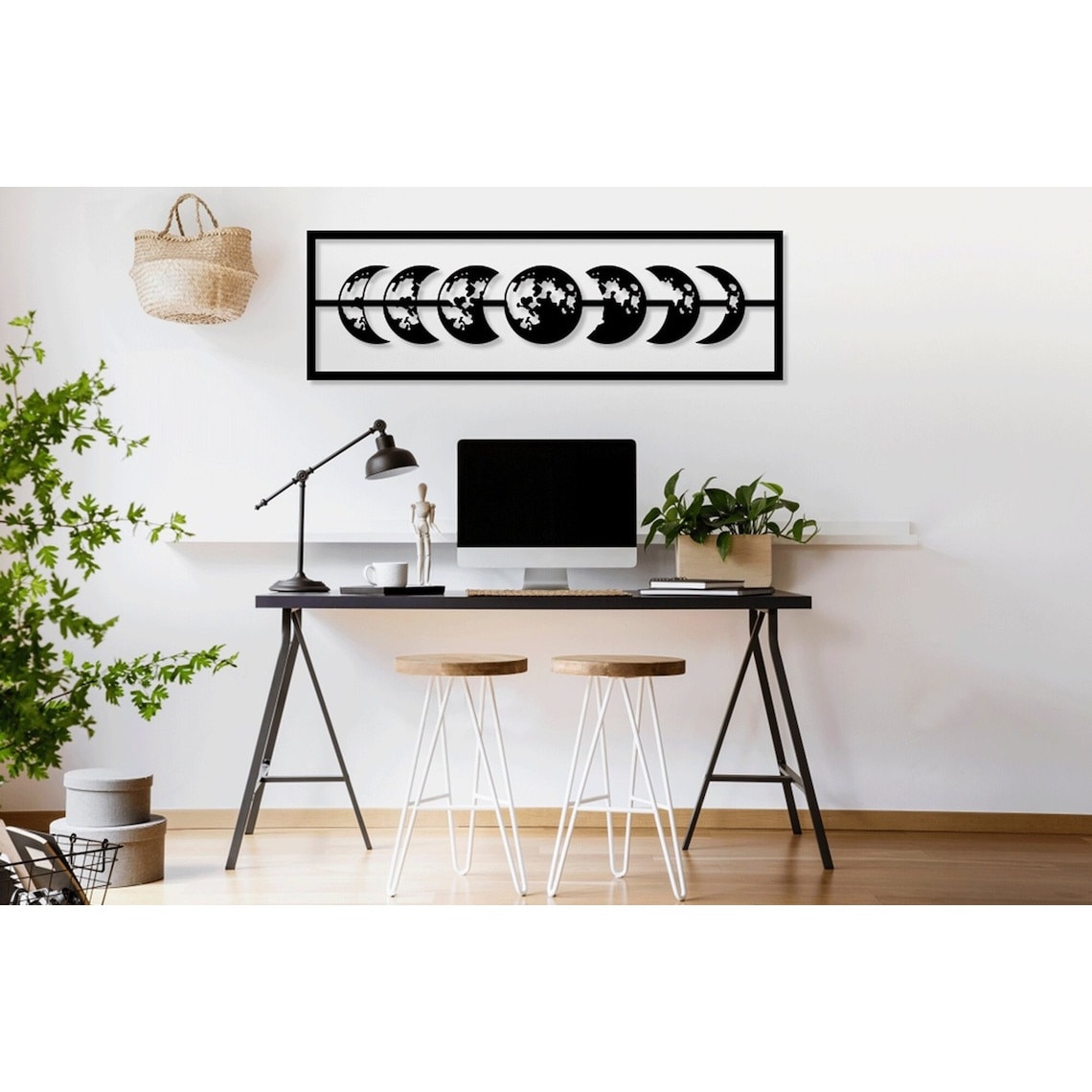 Tablou Decorativ Fazele Lunii, MDF, 80x25 cm, Negru - eMAG.ro