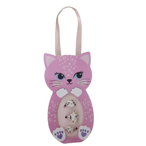 Set 3 inele fetite, ambalaj in forma de pisica, roz - eMAG.ro