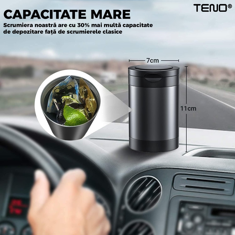 Scrumiera Auto Mini Car Ashtray Teno®, indicator LED, deschidere ...