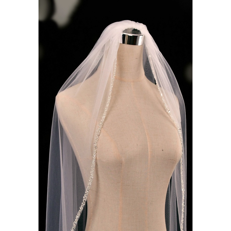 Сватбен воал с дължина до пръсти, кръгъл, кантиран с перли, пайети и ...