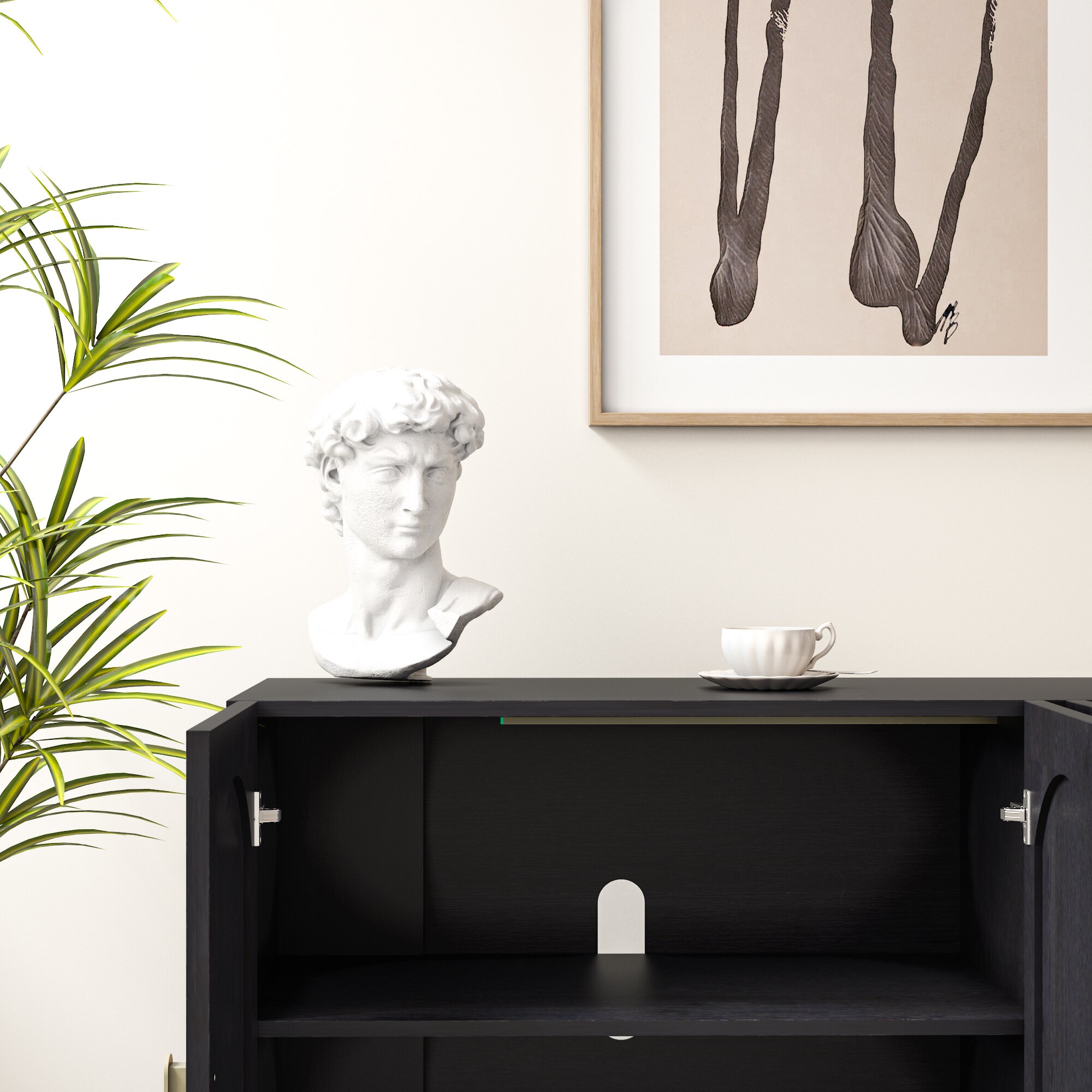 Dulap living cu 4 usi, Roomfitters, Ratan/Lemn, 80x150 cm, Negru/Bej ...