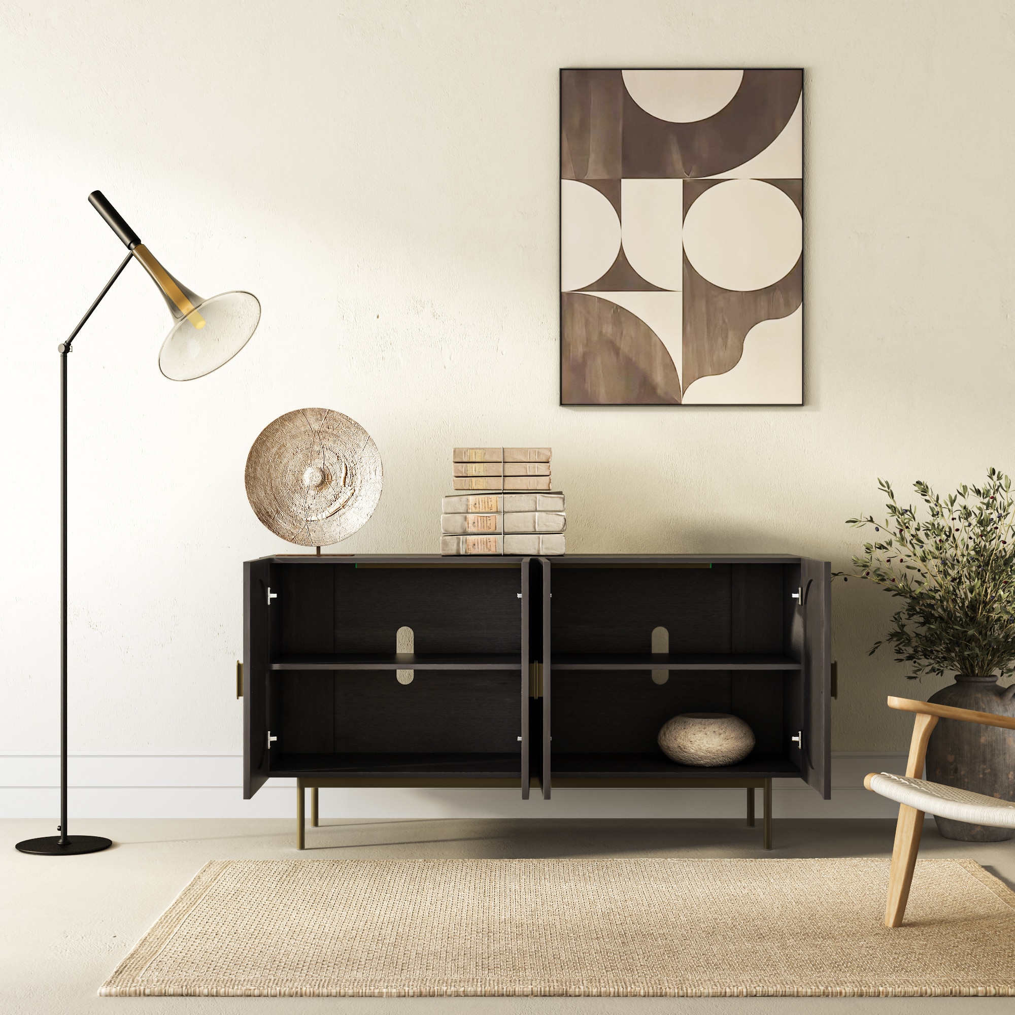 Dulap living cu 4 usi, Roomfitters, Ratan/Lemn, 80x150 cm, Negru/Bej ...