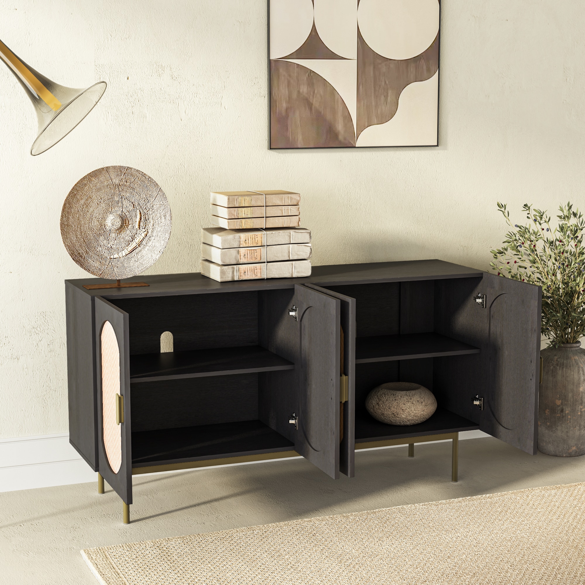 Dulap living cu 4 usi, Roomfitters, Ratan/Lemn, 80x150 cm, Negru/Bej ...