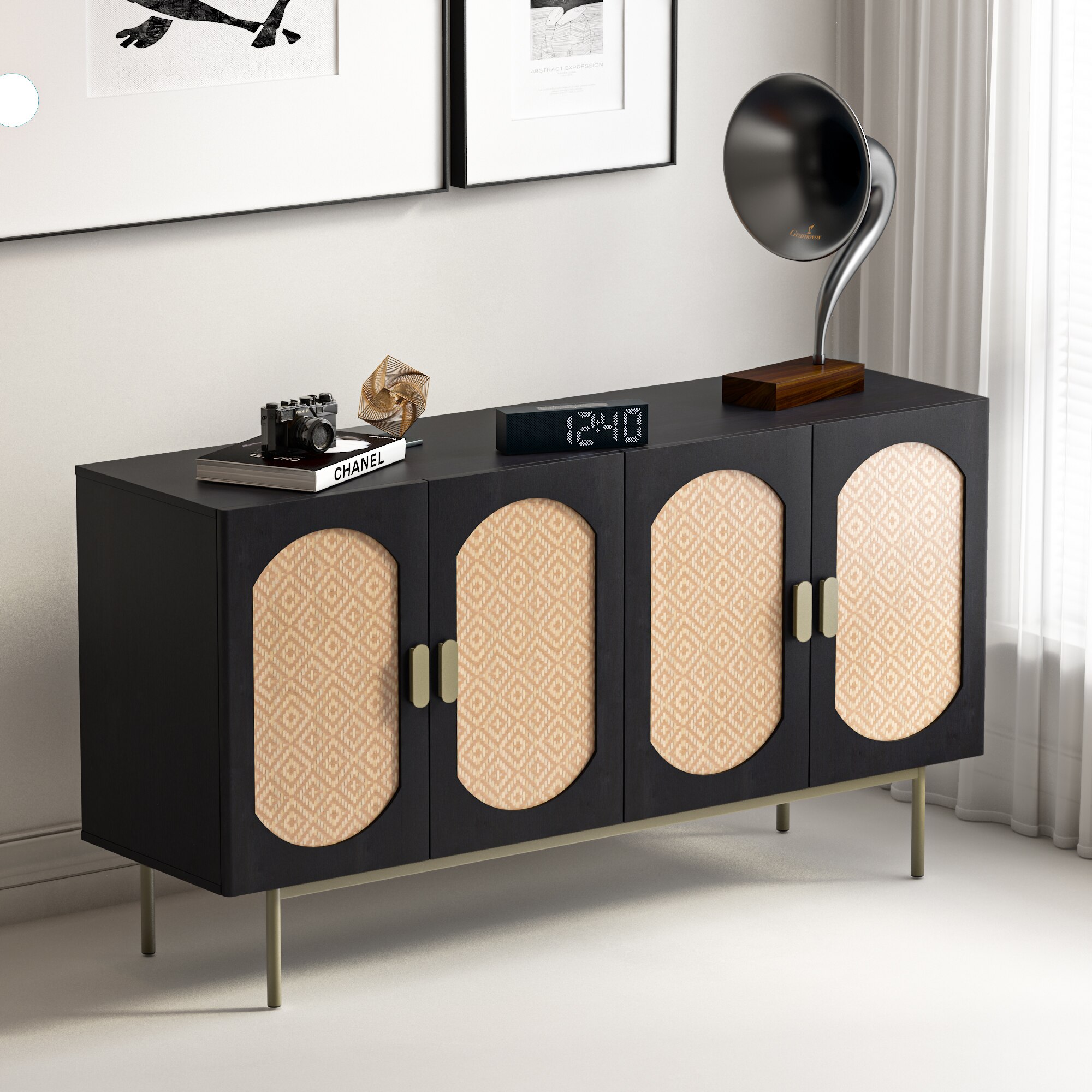 Dulap living cu 4 usi, Roomfitters, Ratan/Lemn, 80x150 cm, Negru/Bej ...