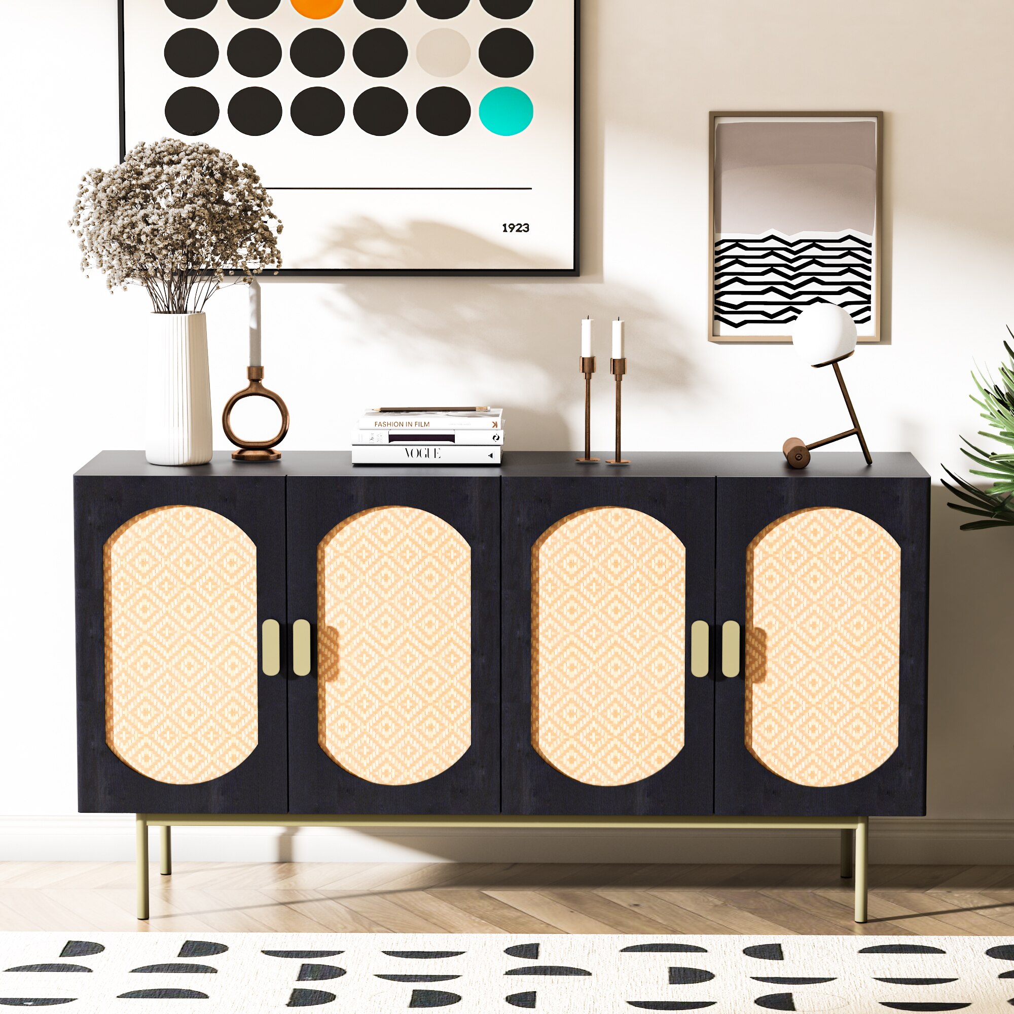 Dulap living cu 4 usi, Roomfitters, Ratan/Lemn, 80x150 cm, Negru/Bej ...