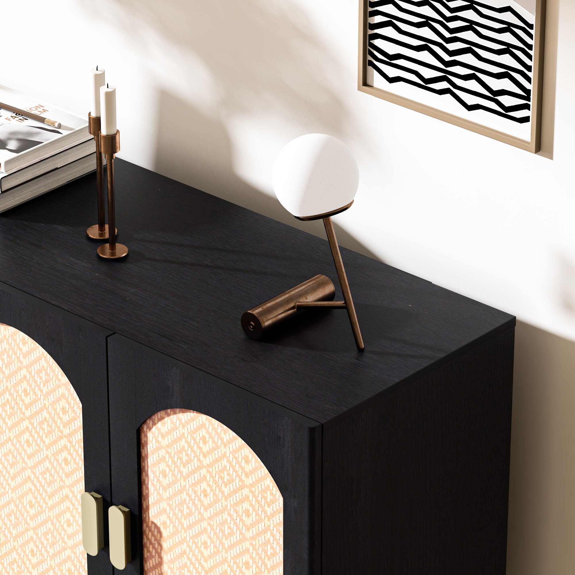 Dulap living cu 4 usi, Roomfitters, Ratan/Lemn, 80x150 cm, Negru/Bej ...