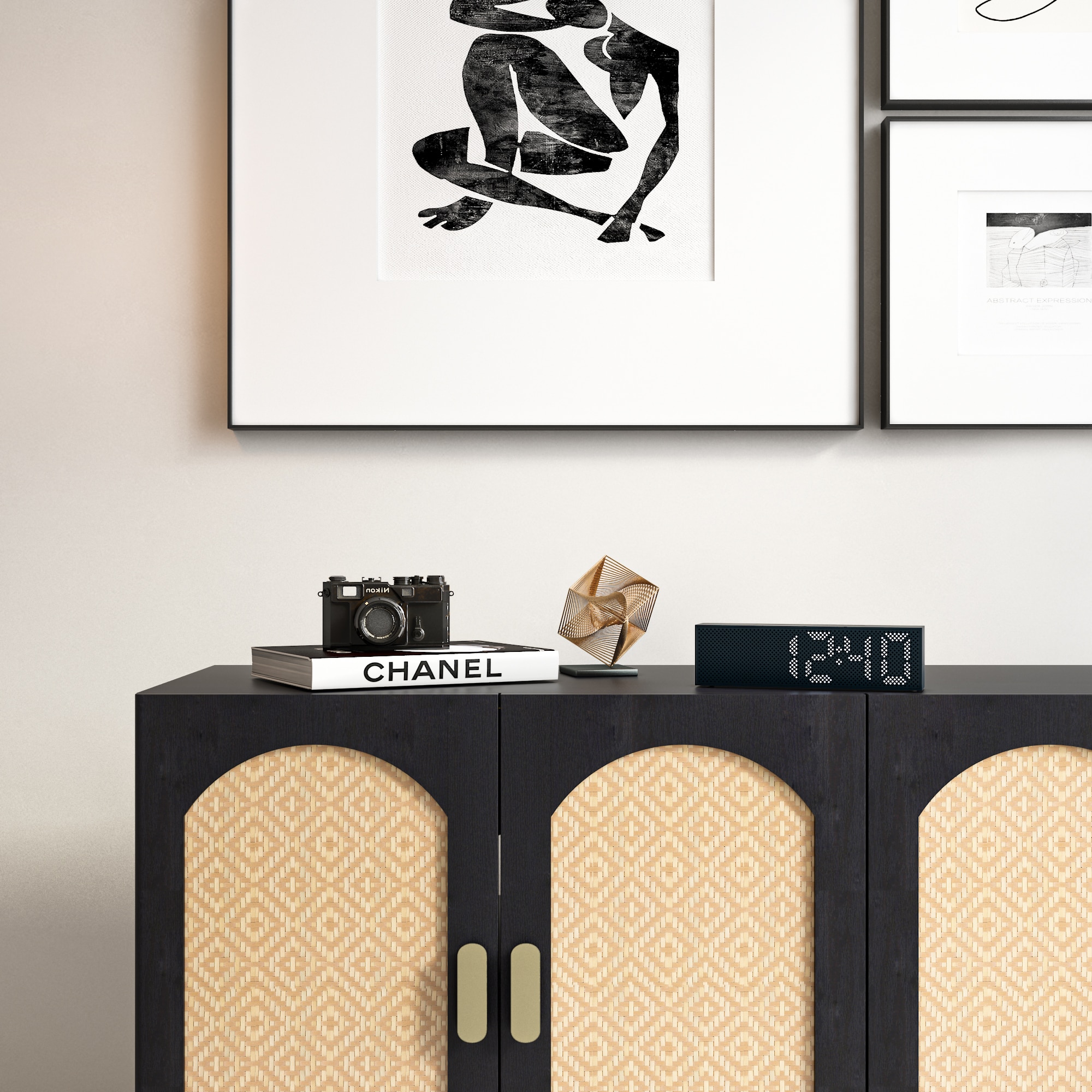 Dulap living cu 4 usi, Roomfitters, Ratan/Lemn, 80x150 cm, Negru/Bej ...