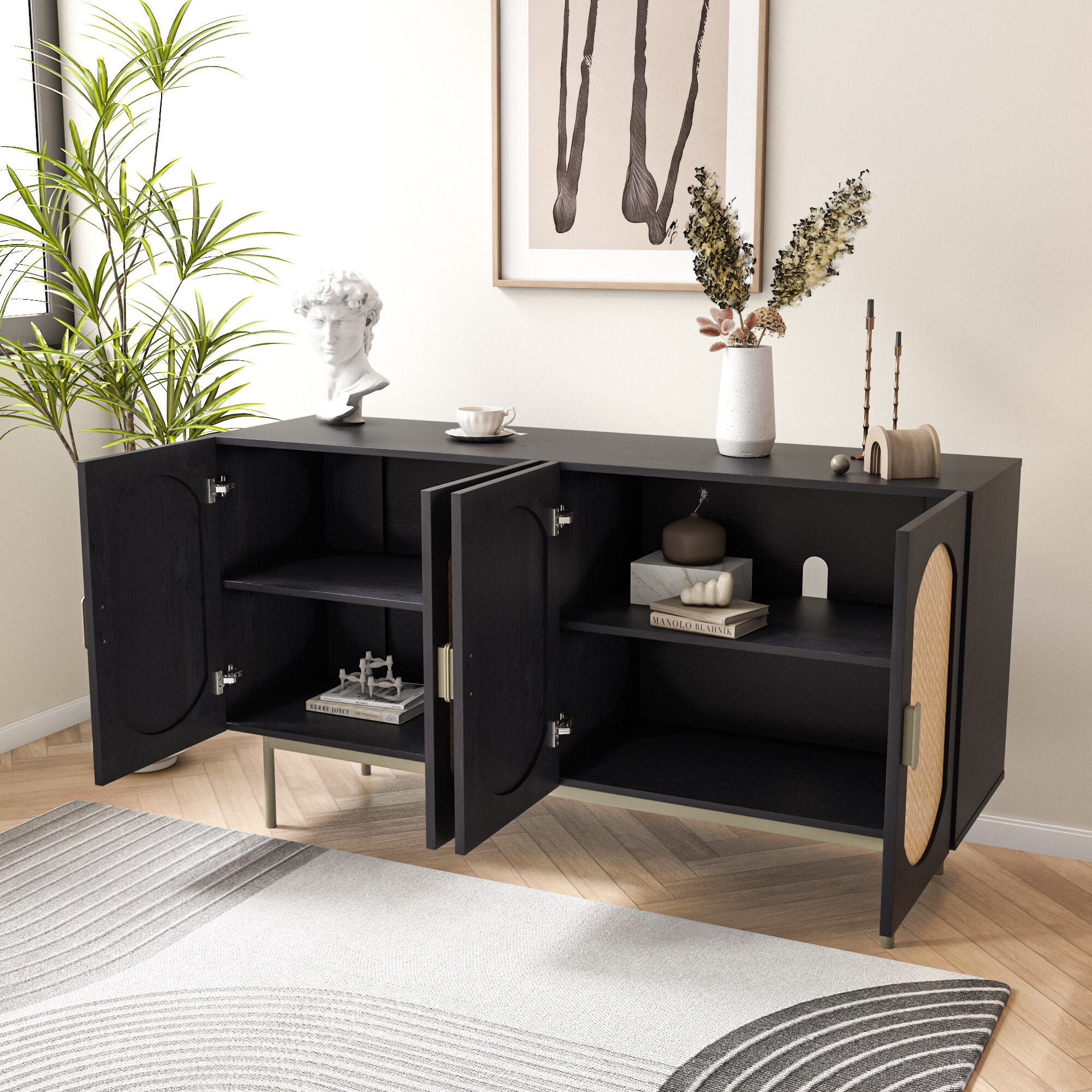 Dulap living cu 4 usi, Roomfitters, Ratan/Lemn, 80x150 cm, Negru/Bej ...