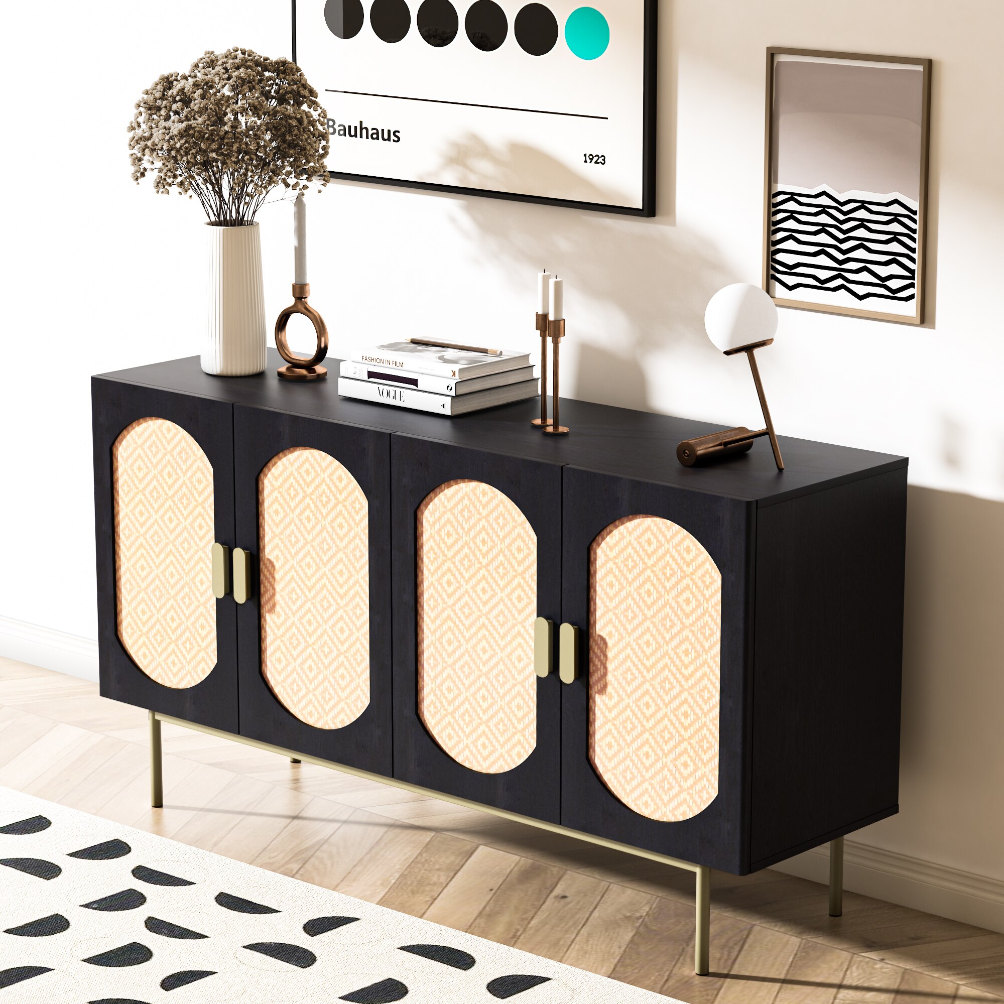 Dulap living cu 4 usi, Roomfitters, Ratan/Lemn, 80x150 cm, Negru/Bej ...