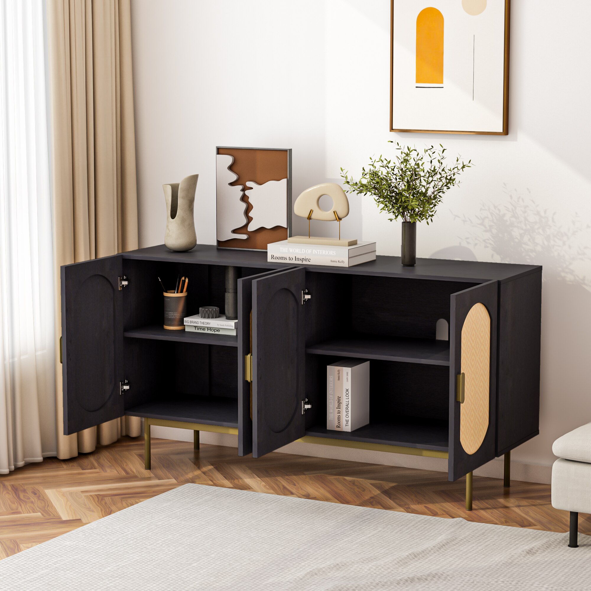 Dulap living cu 4 usi, Roomfitters, Ratan/Lemn, 80x150 cm, Negru/Bej ...