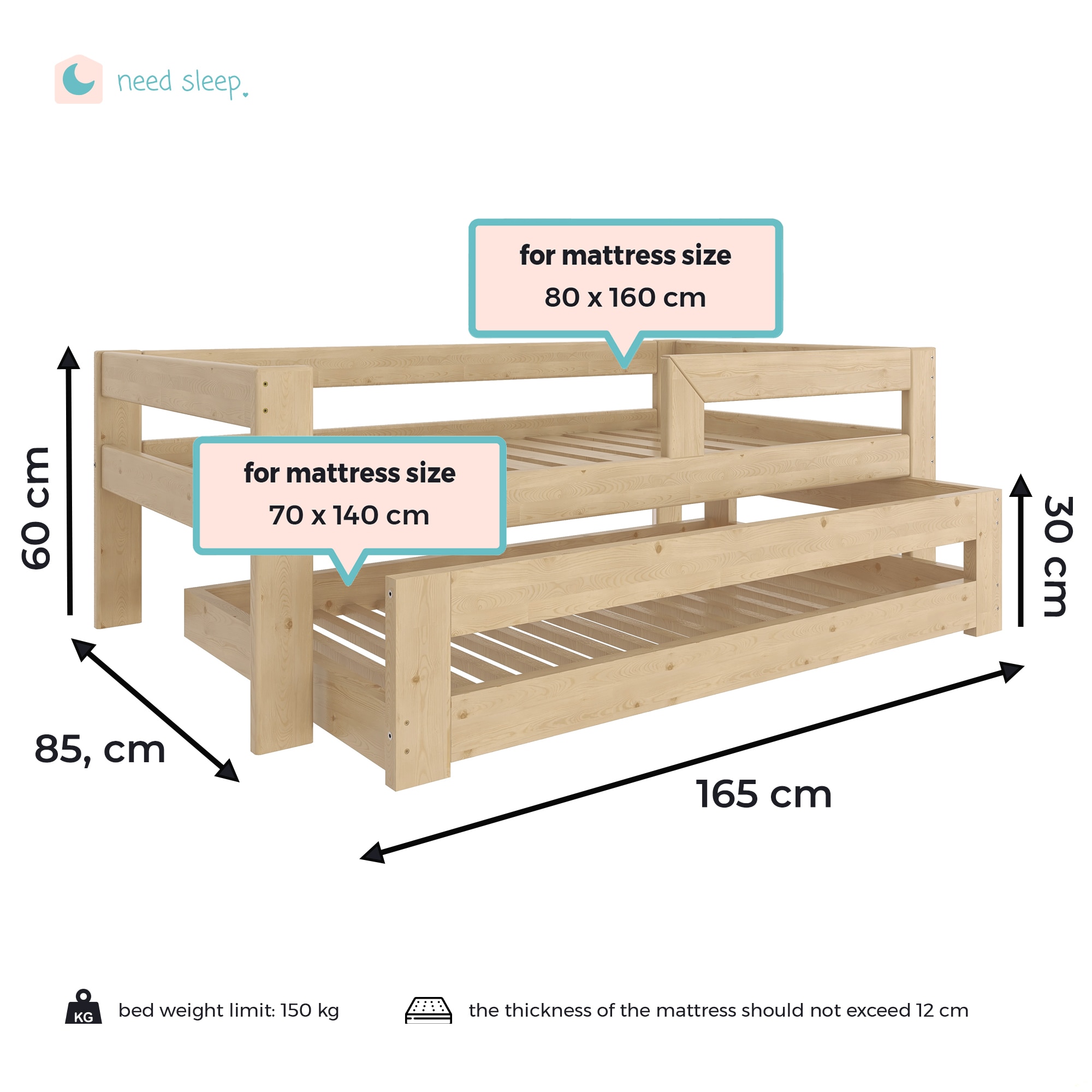 Pat extensibil simetric, Need Sleep, Lemn, 160 x 80/140 x 70 cm, Maro ...
