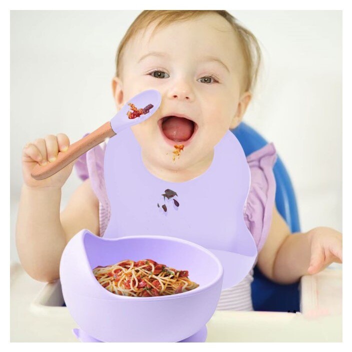 Set 10 piese diversificare bebelusi si copii din silicon Flippy, baveta, farfurie ...