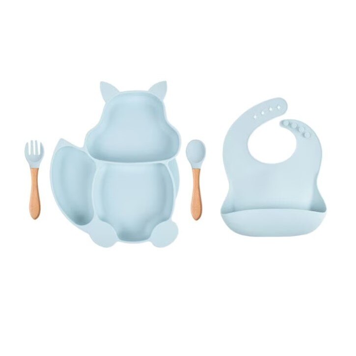 Set 10 piese diversificare bebelusi si copii din silicon, baveta, farfurie compartimentata cu ...