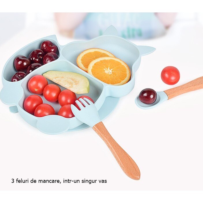 Set 10 piese diversificare bebelusi si copii din silicon, baveta, farfurie compartimentata cu ...