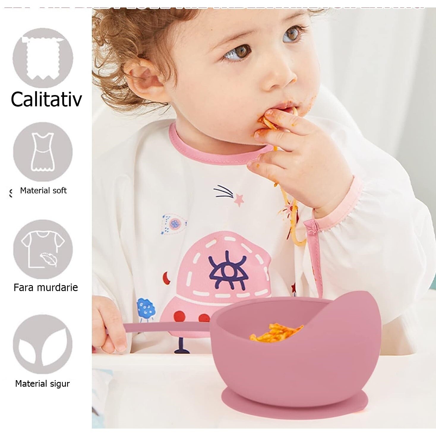 Set 10 piese diversificare bebelusi si copii din silicon, baveta, farfurie compartimentata cu ...