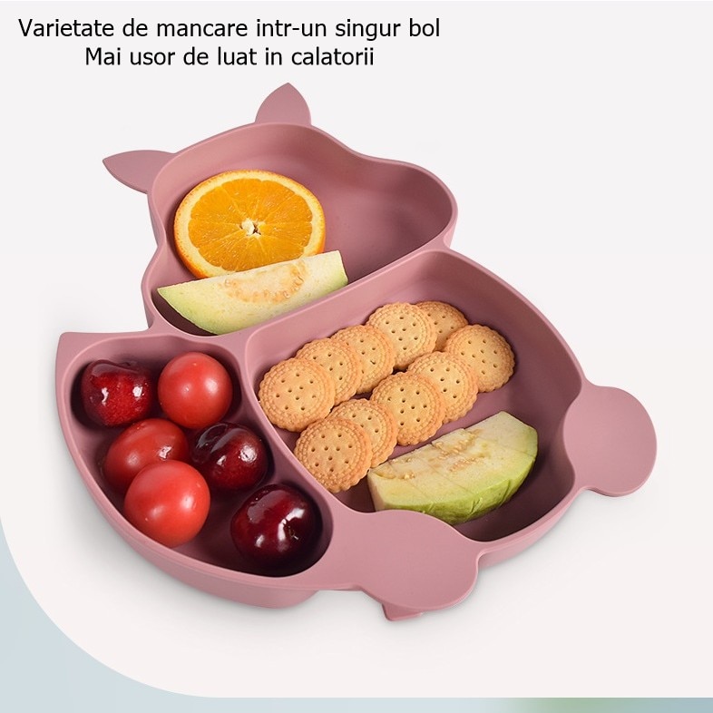 Set 10 piese diversificare bebelusi si copii din silicon, baveta, farfurie compartimentata cu ...