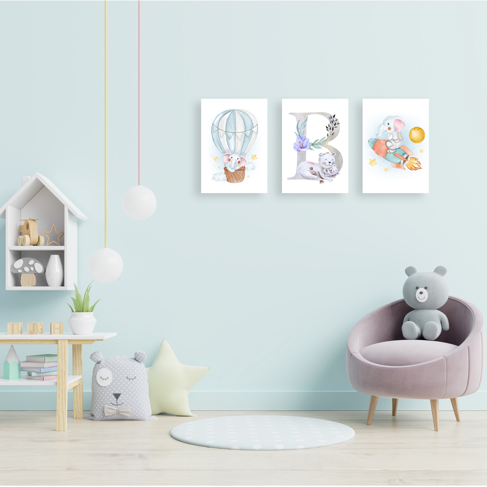 Set 3 tablouri canvas decorative cu elefant pentru camera copiilor ...