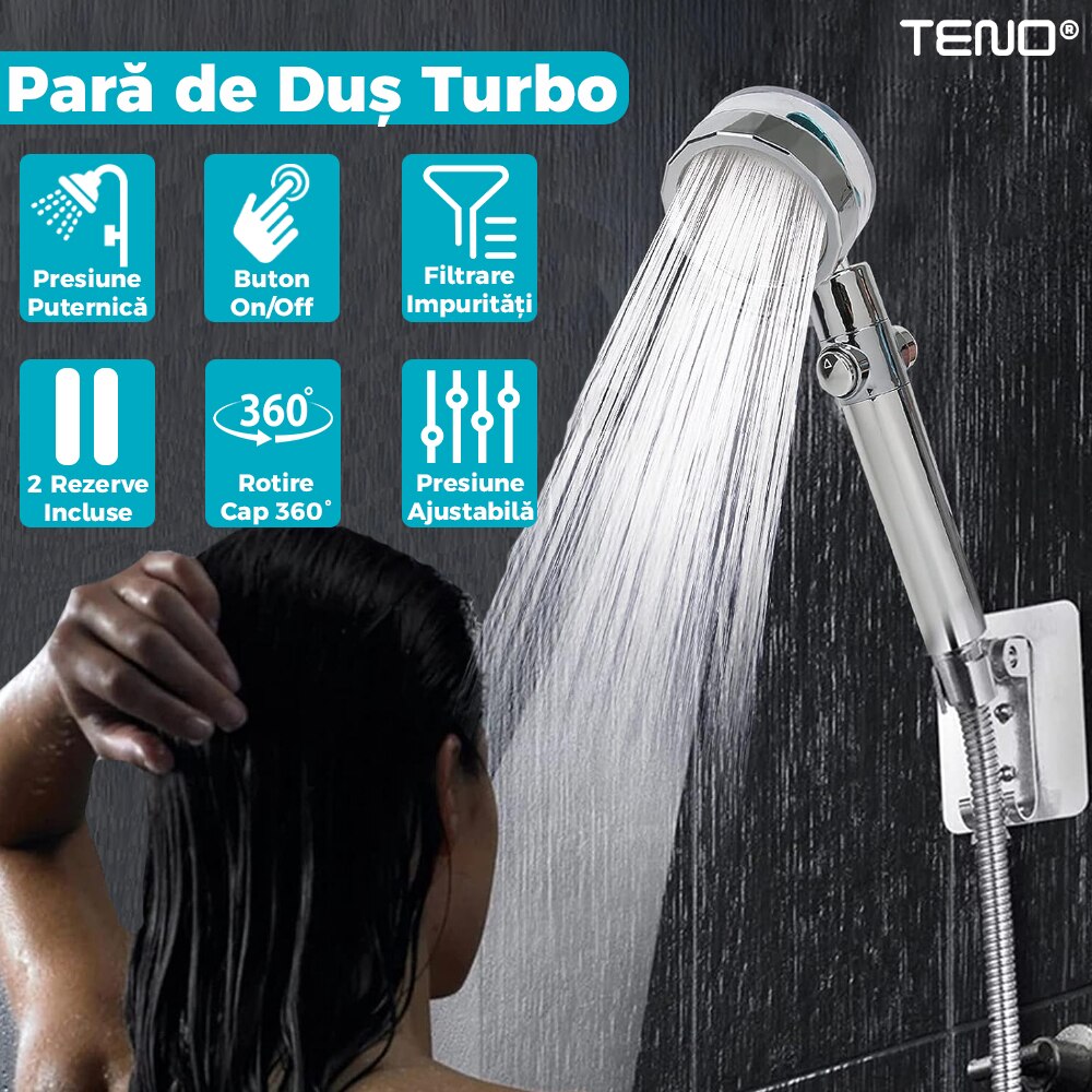 Para de Dus Turbo Teno®, 2 filtre extra, buton On/Off, presiune ...