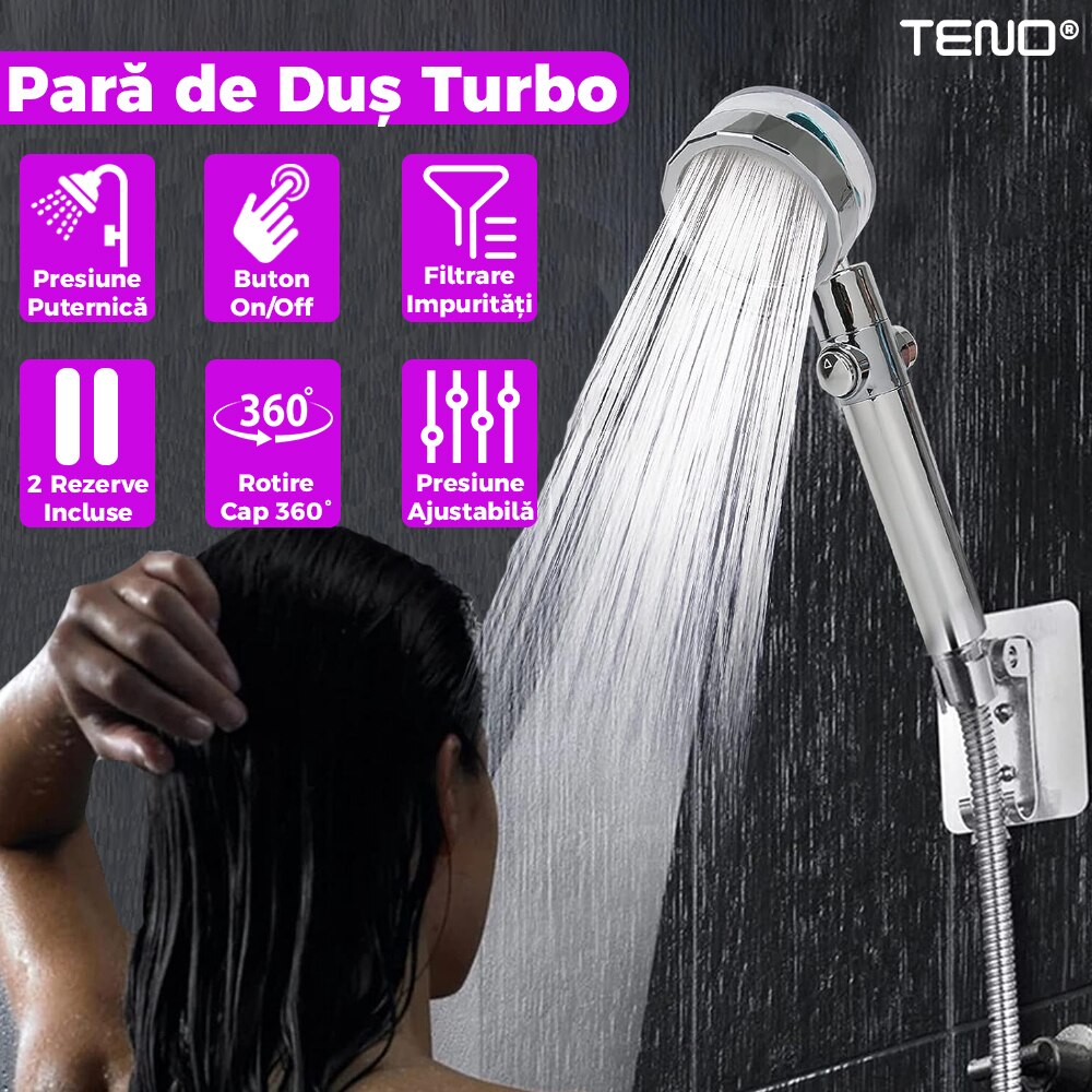 Para de Dus Turbo Teno®, 2 filtre extra, buton On/Off, presiune ...
