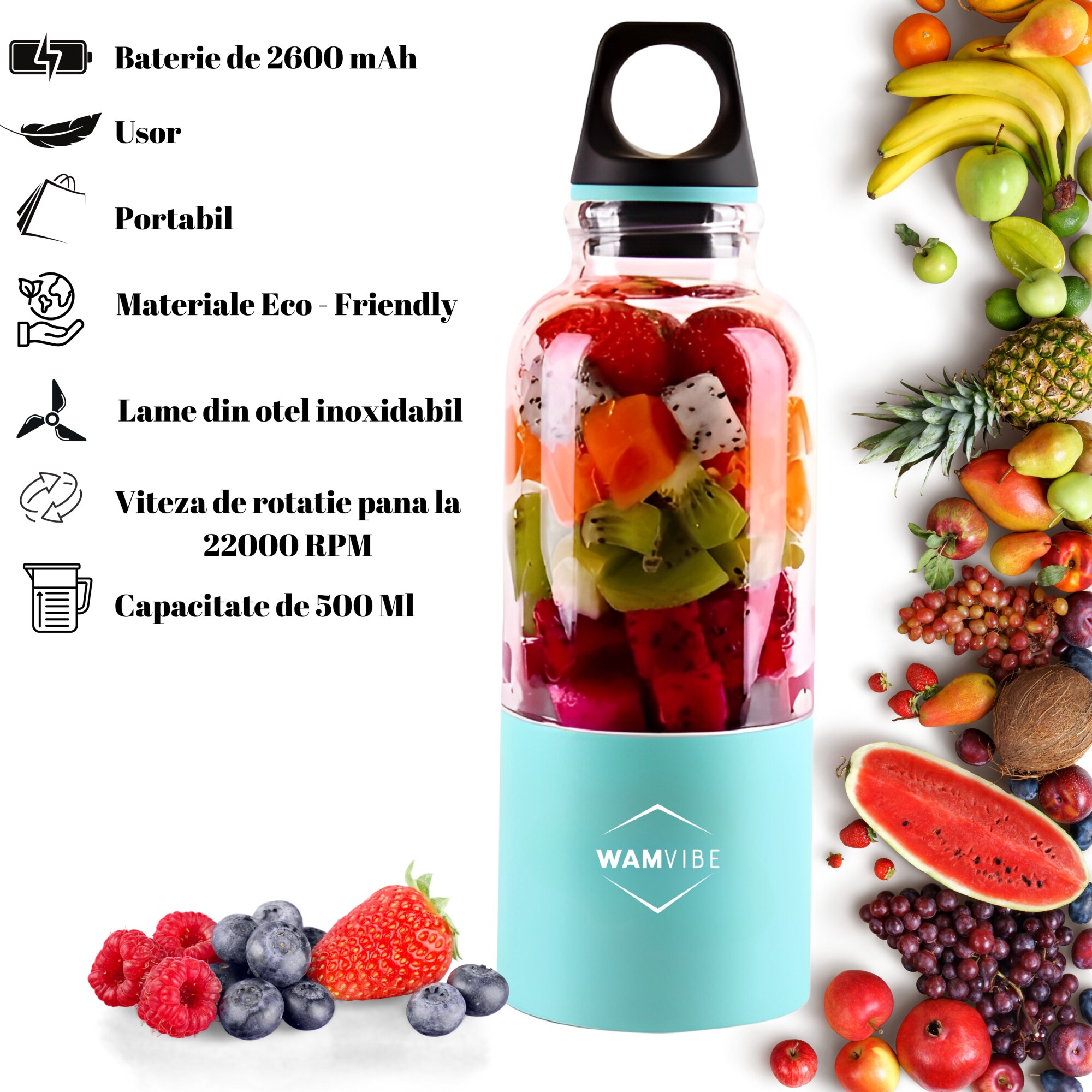 Mini Blender Electric WAMVIBE™, Portabil, Multifunctional, Capacitate 500 ml, Baterie 2600 mAh ...