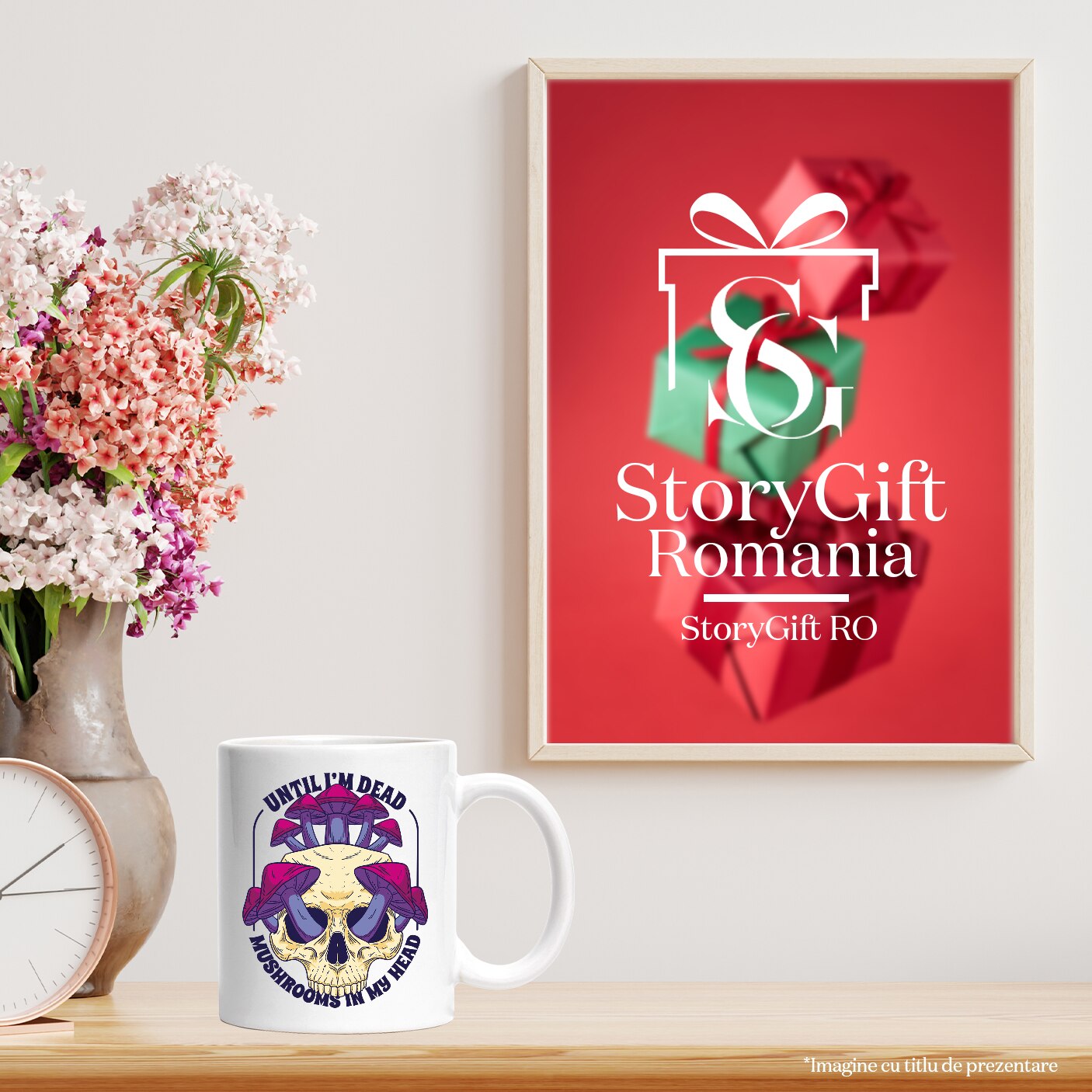 Bögre halott ember koponyájával lila gombákkal, angol szöveggel, amíg ...