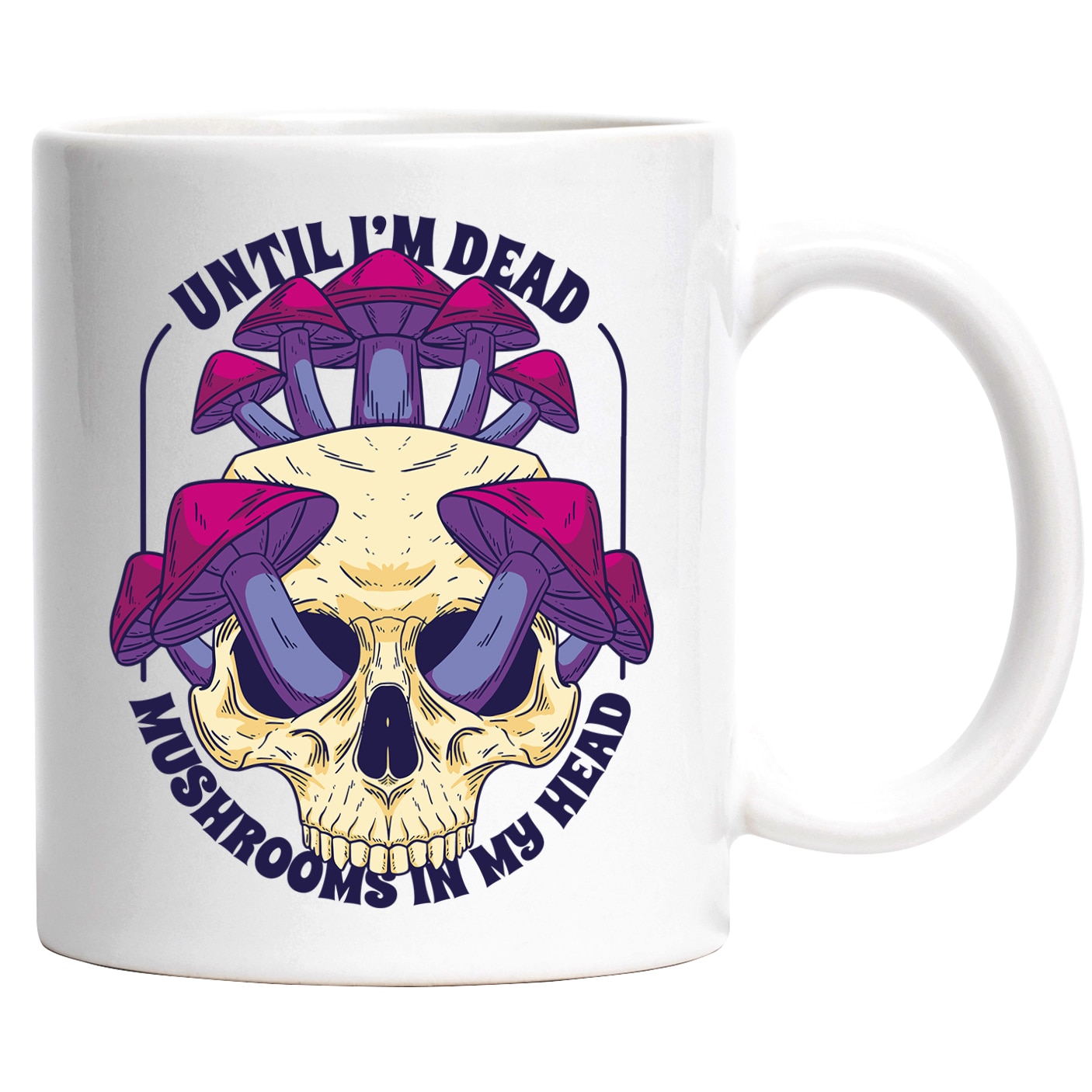 Bögre halott ember koponyájával lila gombákkal, angol szöveggel, amíg ...