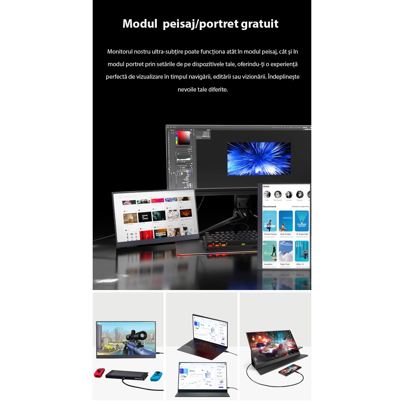 Monitor Portabil 15.6'' LED, HV 178°, VV 85°, 1920X1080 px, FHD IPS HDR ...